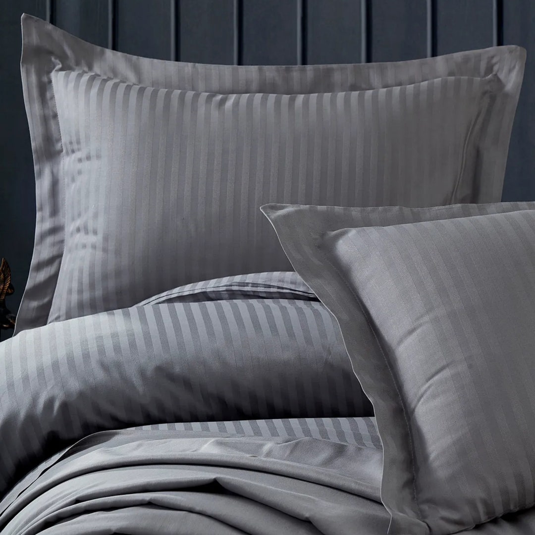 Grey Striped Duvet Cover Set, Cotton Satin Duvet Cover Set, Hotel ...