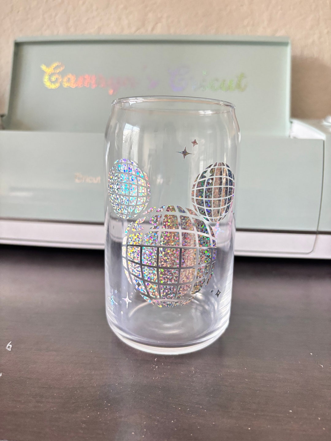 Disco Mickey Mouse Glass Can Cup | Customizable Sparkle Mickey Beer Can ...