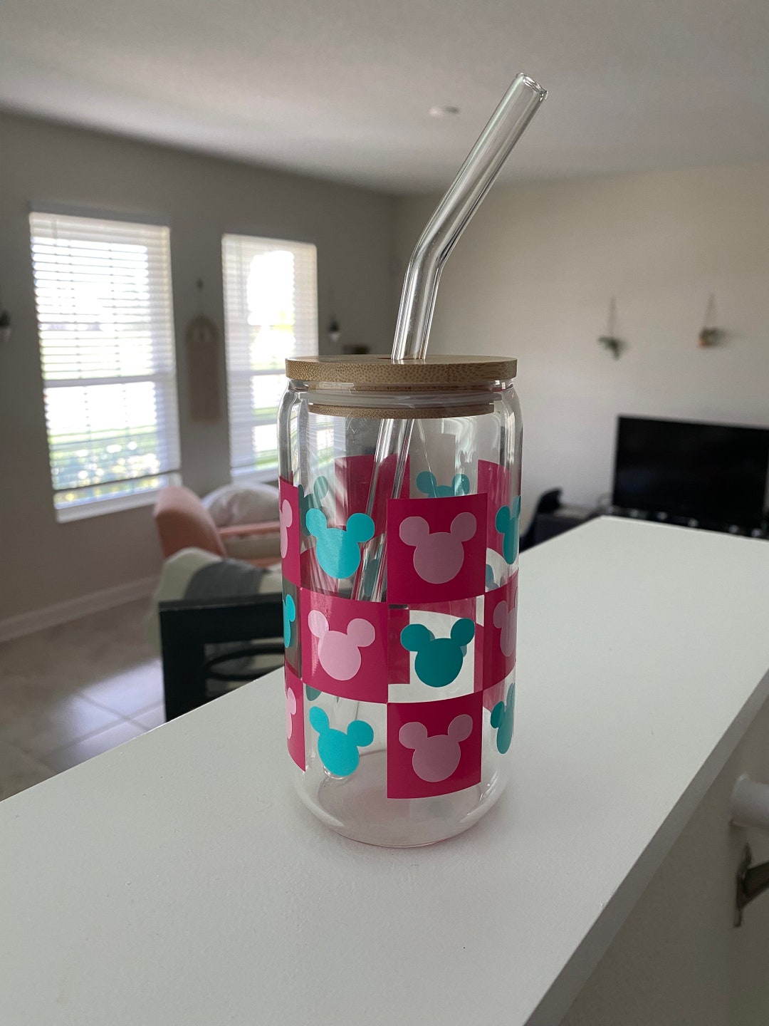 Mickey Mouse Silhouette Checkered Glass Can Cup Disney Matcha Cup ...