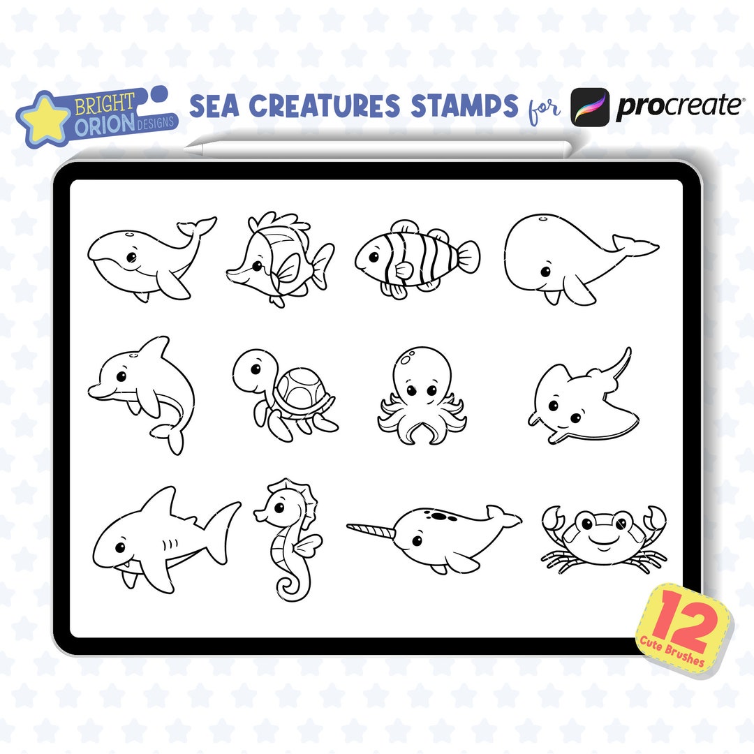 Procreate Sea Creatures Stamps, Ocean Animals Brushes, Shark, Clown ...