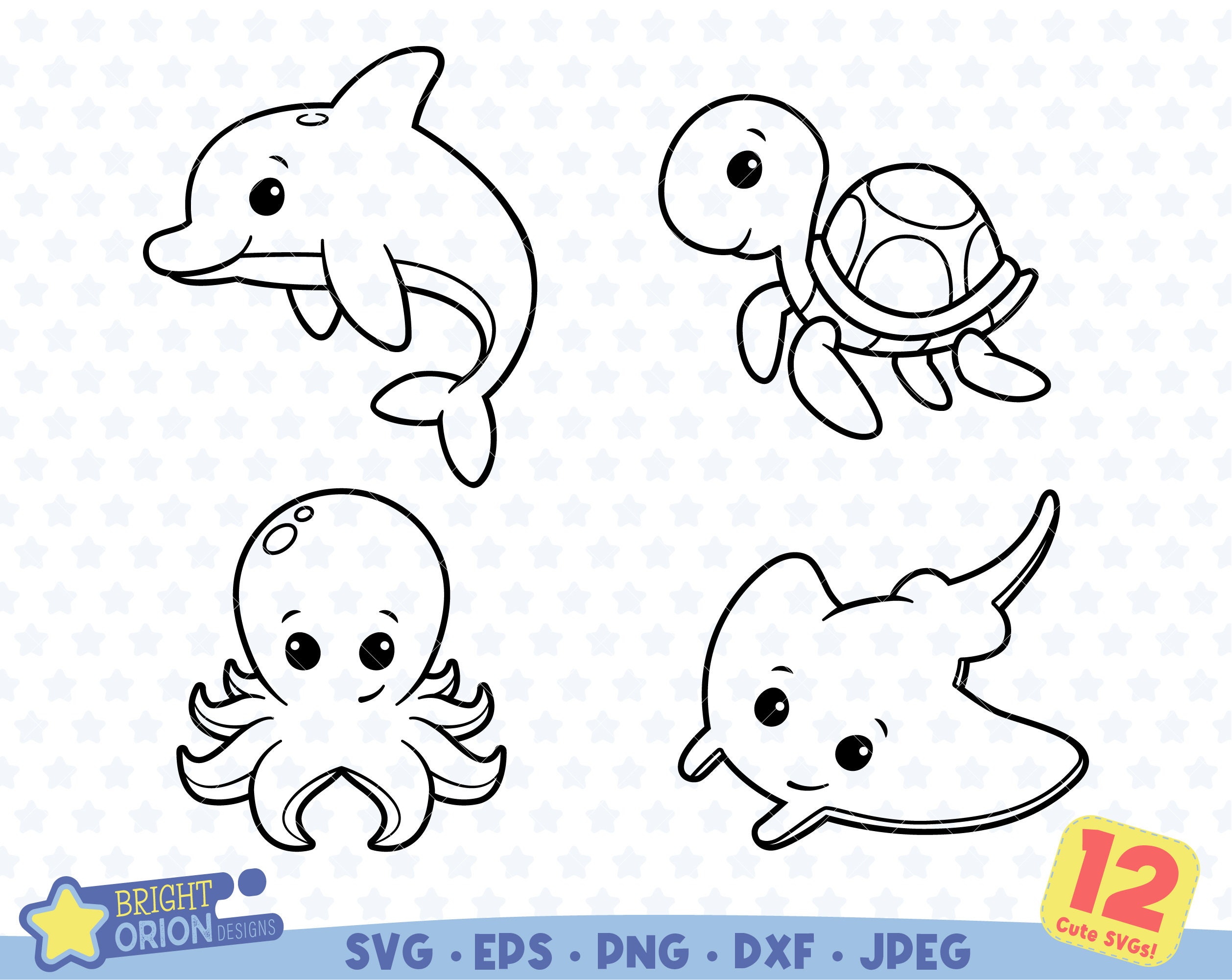 Sea Creatures Outline Svg Bundle, Ocean Animal Png, Whale, Fish ...