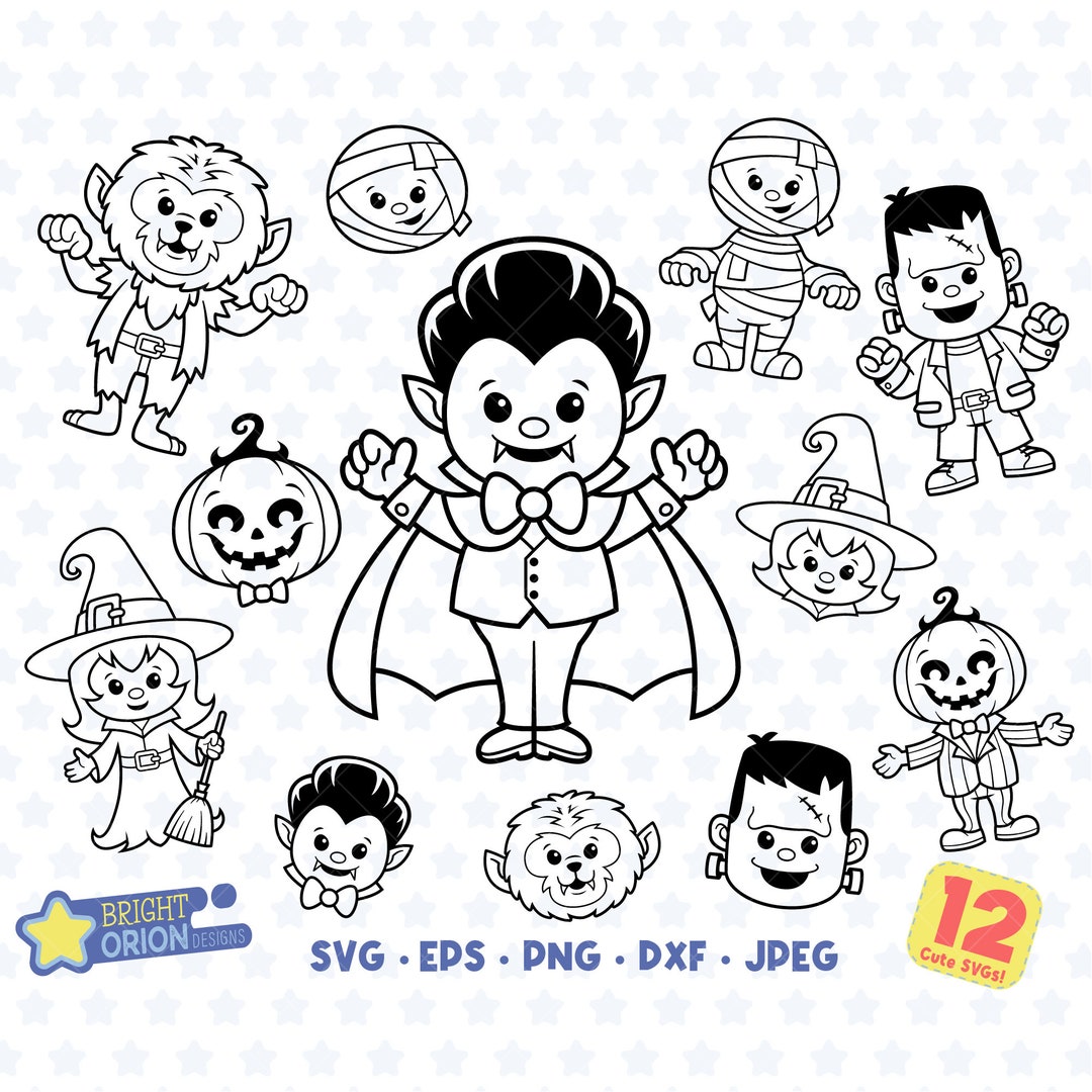 Halloween Outlines SVG Bundle, Dracula, Frankenstein, Mummy, Witch ...