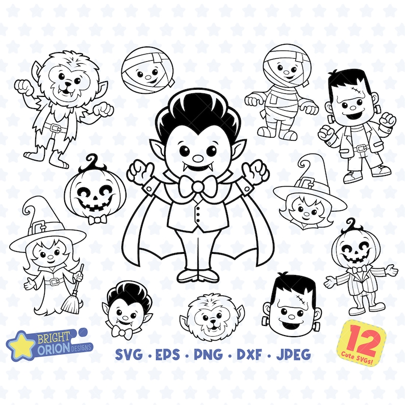 Halloween Outlines SVG Bundle, Dracula, Frankenstein, Mummy, Witch ...