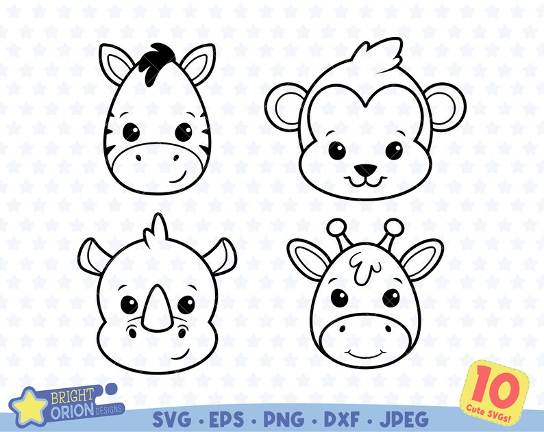 Safari Animals Faces Outline SVG Bundle Cute Animal Heads - Etsy
