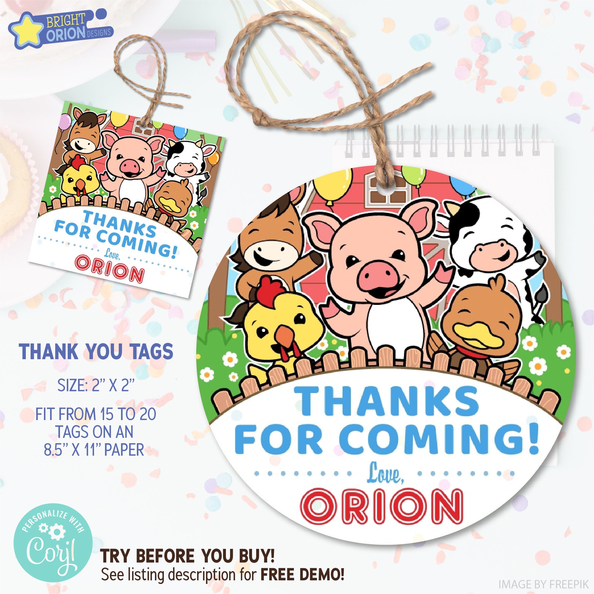 Editable Farm Animals Birthday Party Thank You Tags, Square, Sign ...