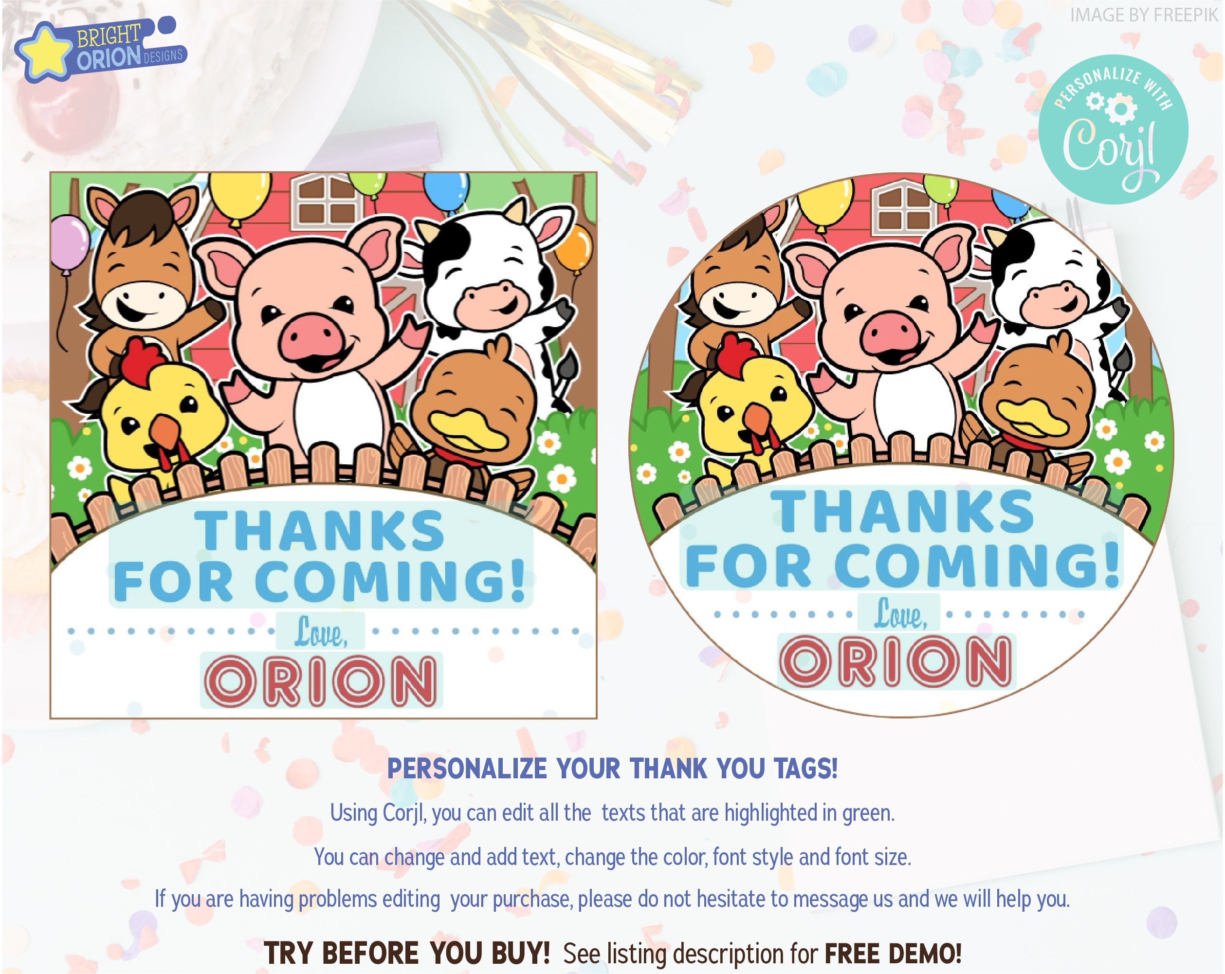 Editable Farm Animals Birthday Party Thank You Tags, Square, Sign ...