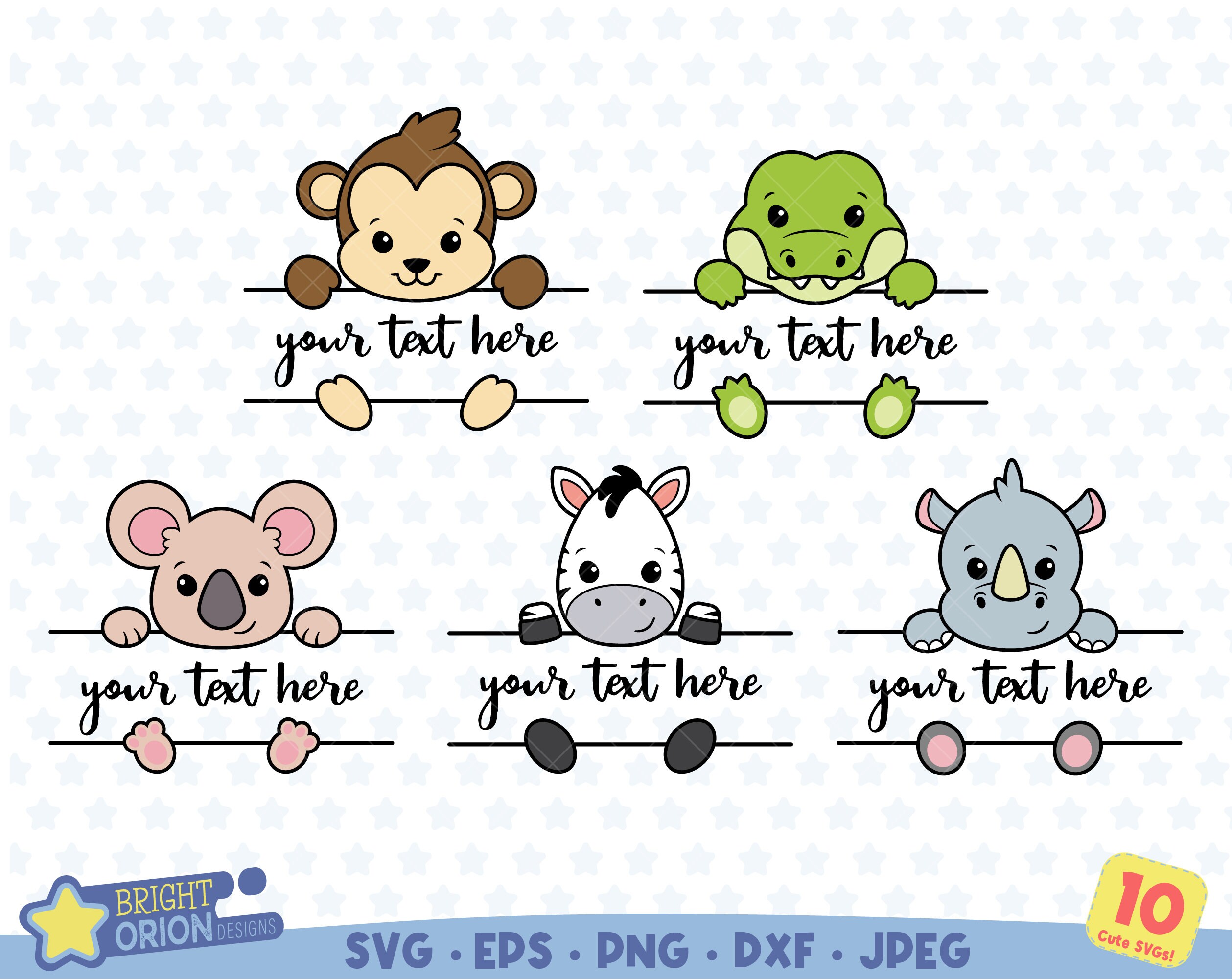 Cute Safari Animals Split Monogram Svg, Rhino, Hippo, Giraffe, Koala ...
