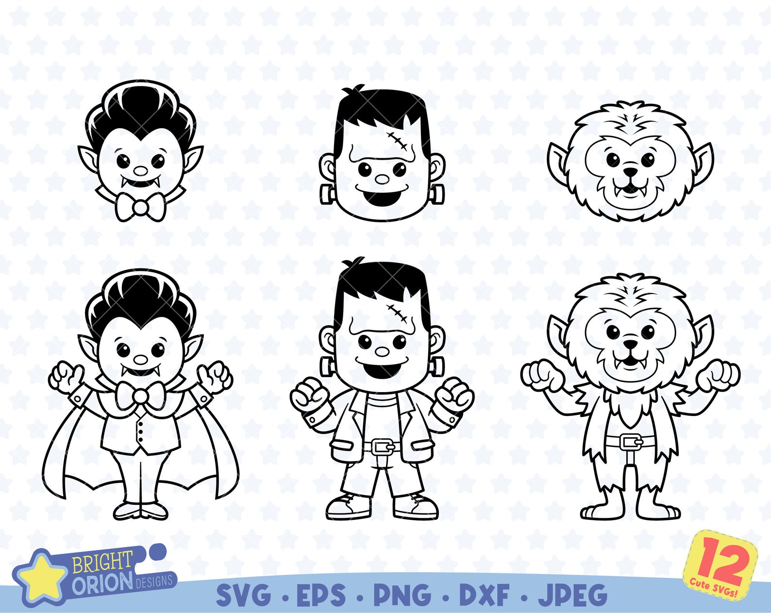 Halloween Outlines SVG Bundle, Dracula, Frankenstein, Mummy, Witch ...