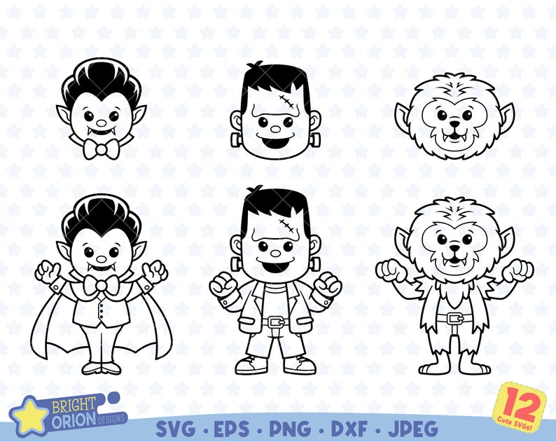 Halloween Outlines SVG Bundle, Dracula, Frankenstein, Mummy, Witch ...
