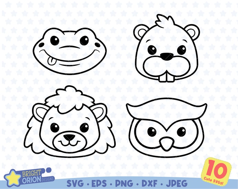 Woodland Animals Faces Outline SVG Bundle, Cute Baby Animals Png, Fox ...