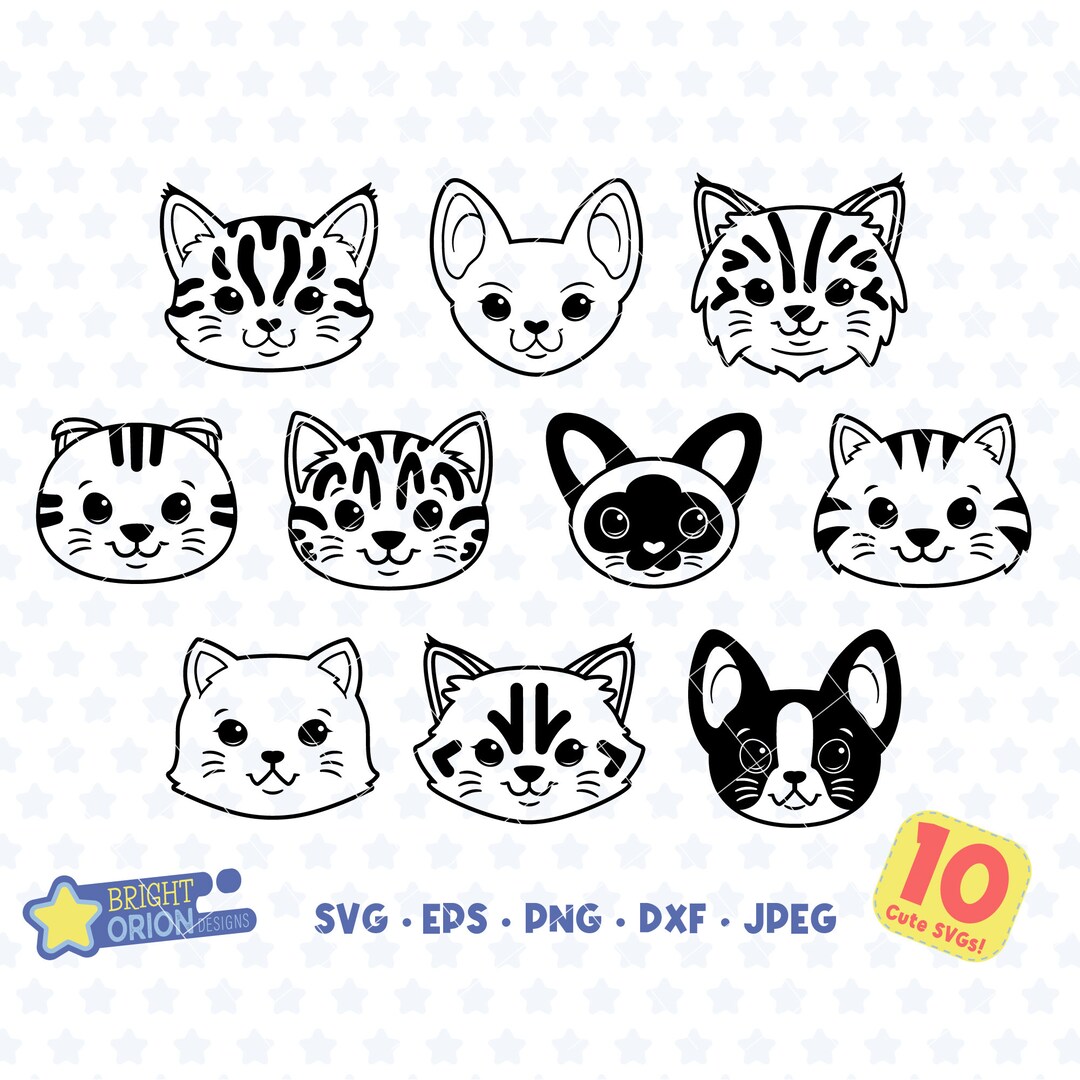 Cute Cat Heads Outline Svg Bundle, Kitten Png, Kawaii Animal Jpeg, Pet ...