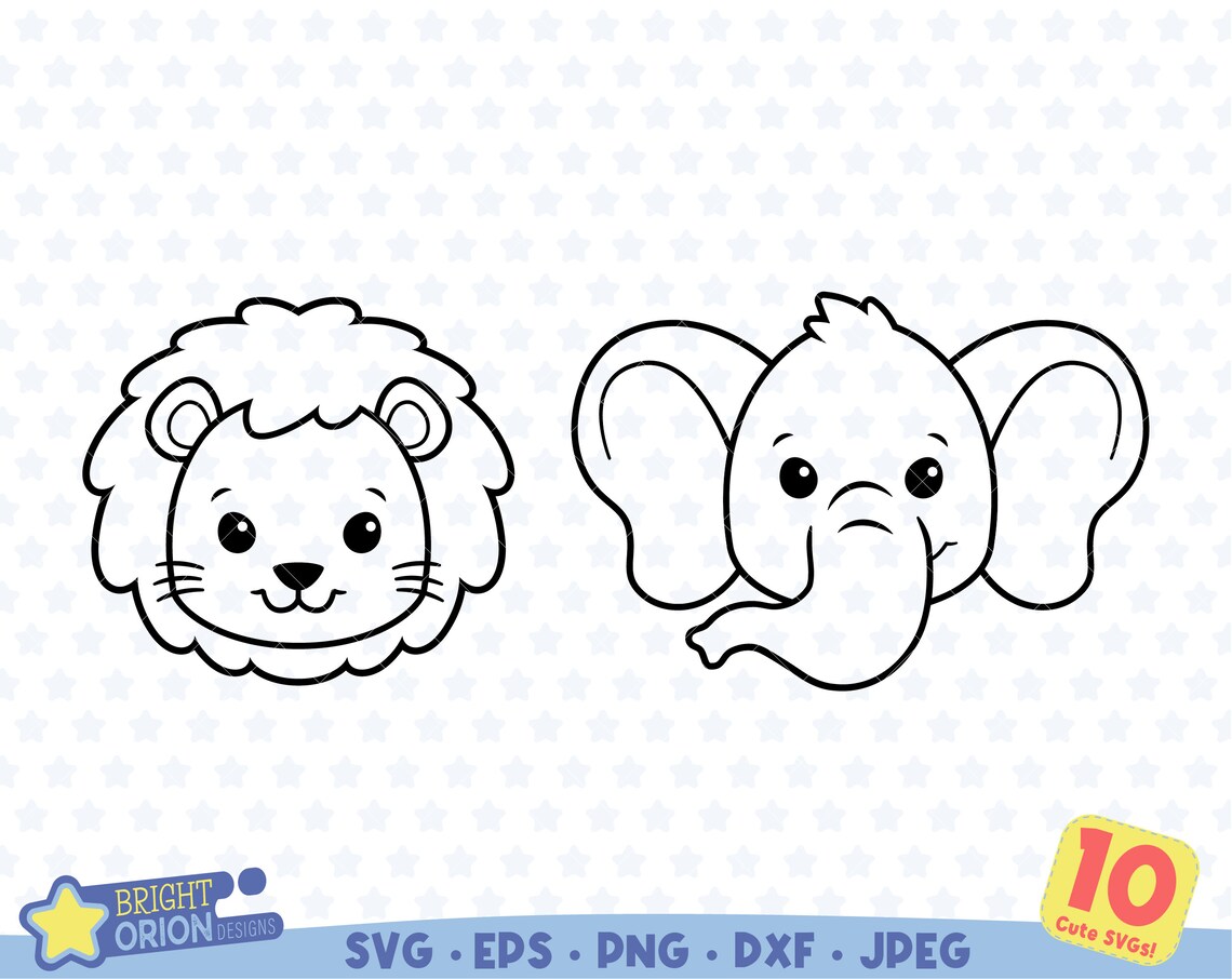 Safari Animals Faces Outline SVG Bundle, Cute Animal Heads Svg, Jungle ...