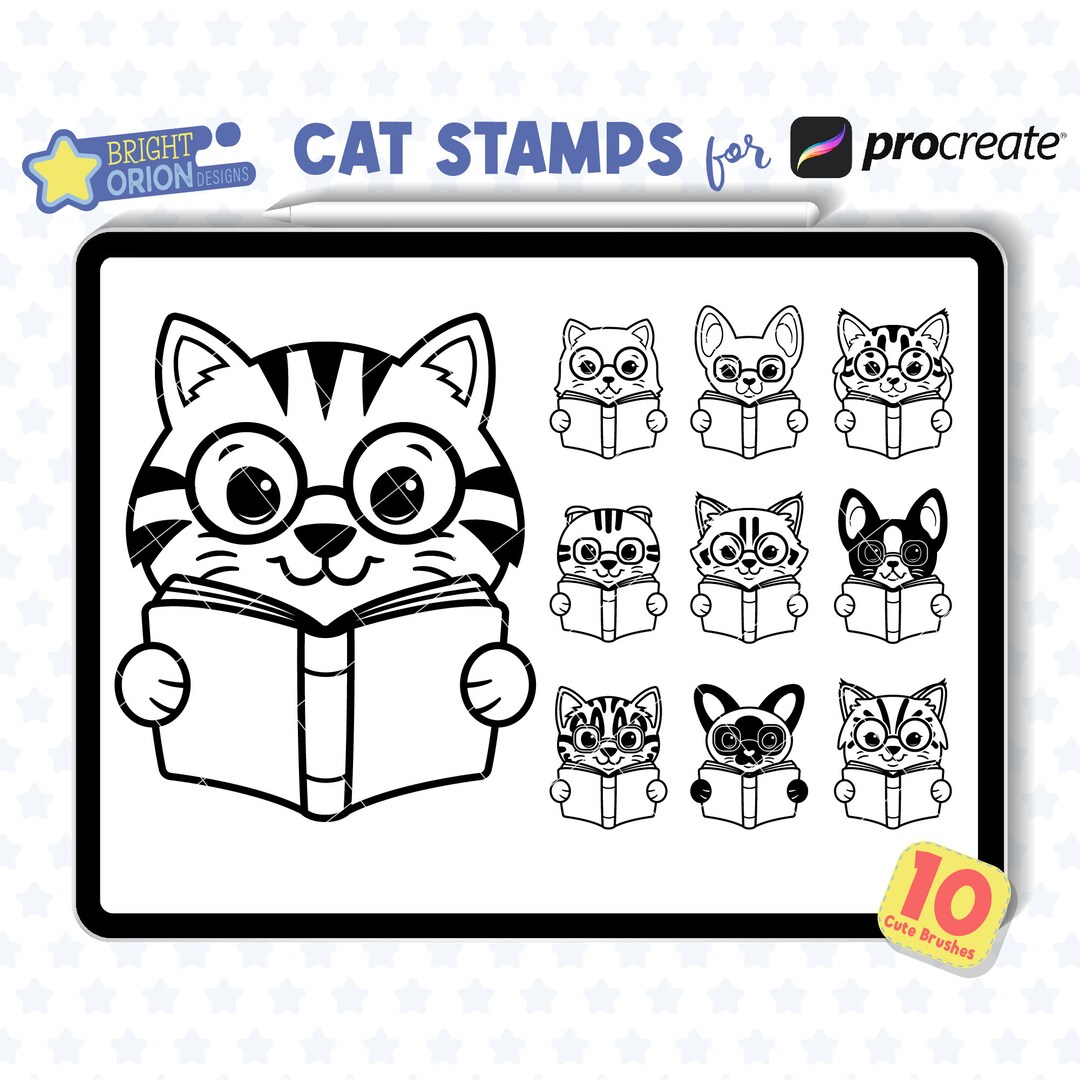 Cute Cat With Books Procreate Stamps, Procreate Animal Stamps, Kitten ...
