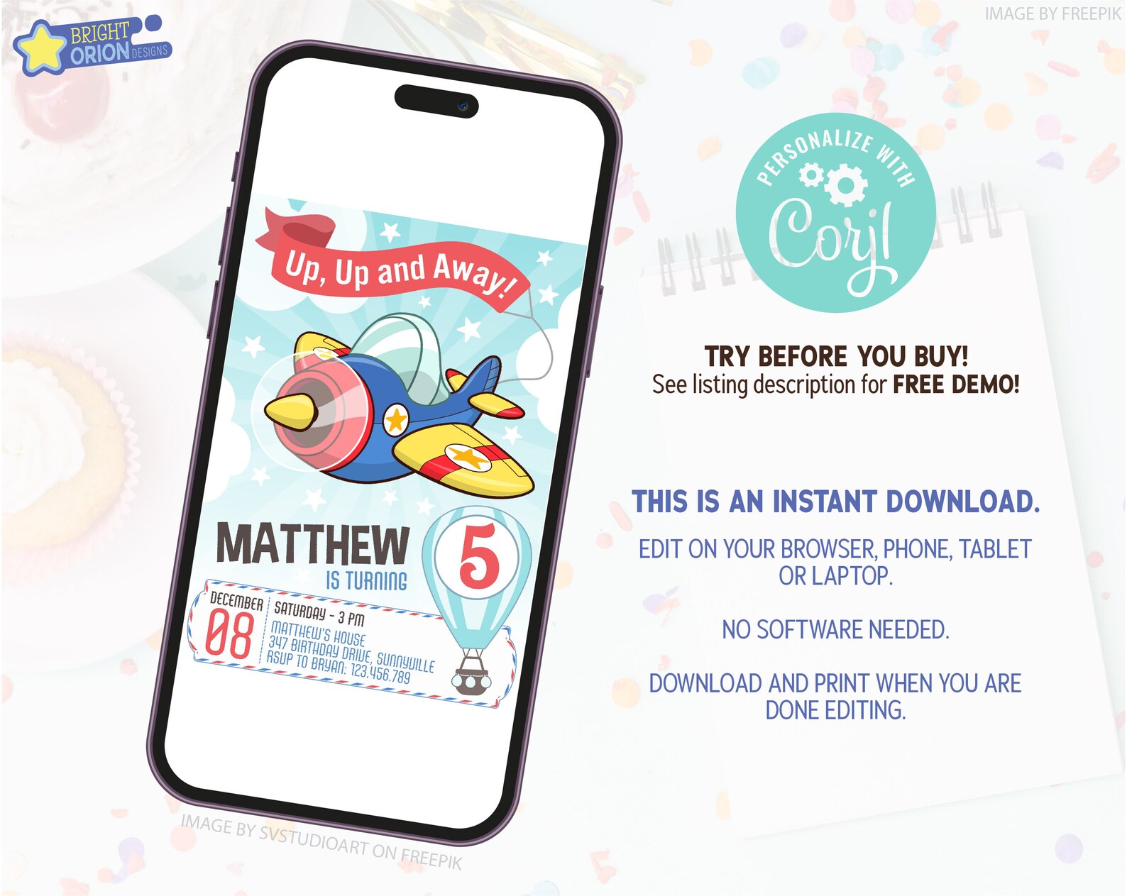 Airplane Editable Birthday Party Invitation Card Template, Thank You ...