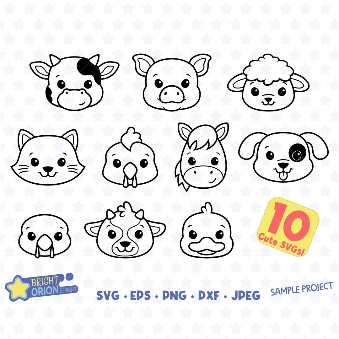 Farm Animal Heads Outline SVG Bundle, Face, Chicken, Turkey, Duck, Goat ...