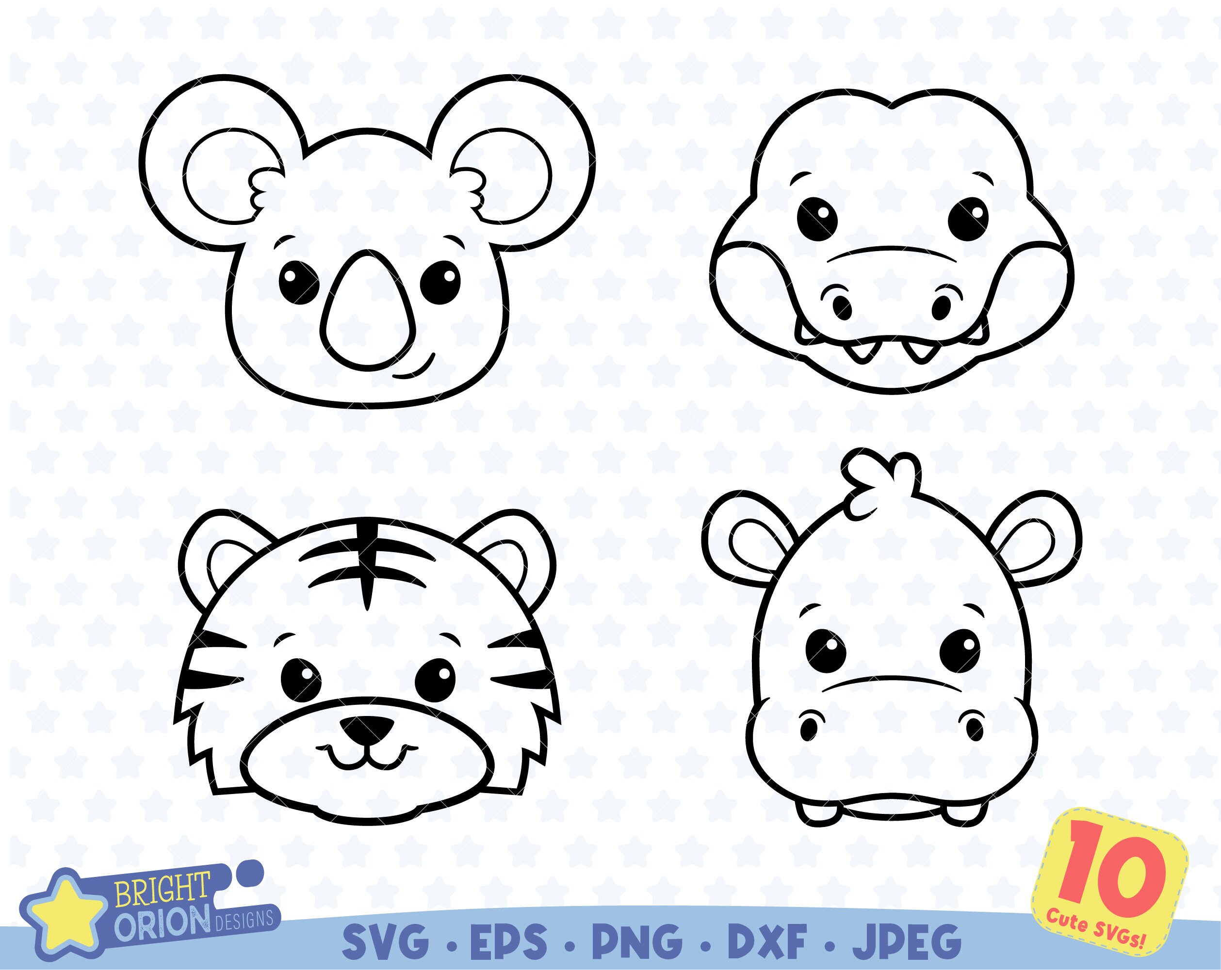 Safari Animals Faces Esquema SVG Bundle Cute Animal Heads - Etsy México