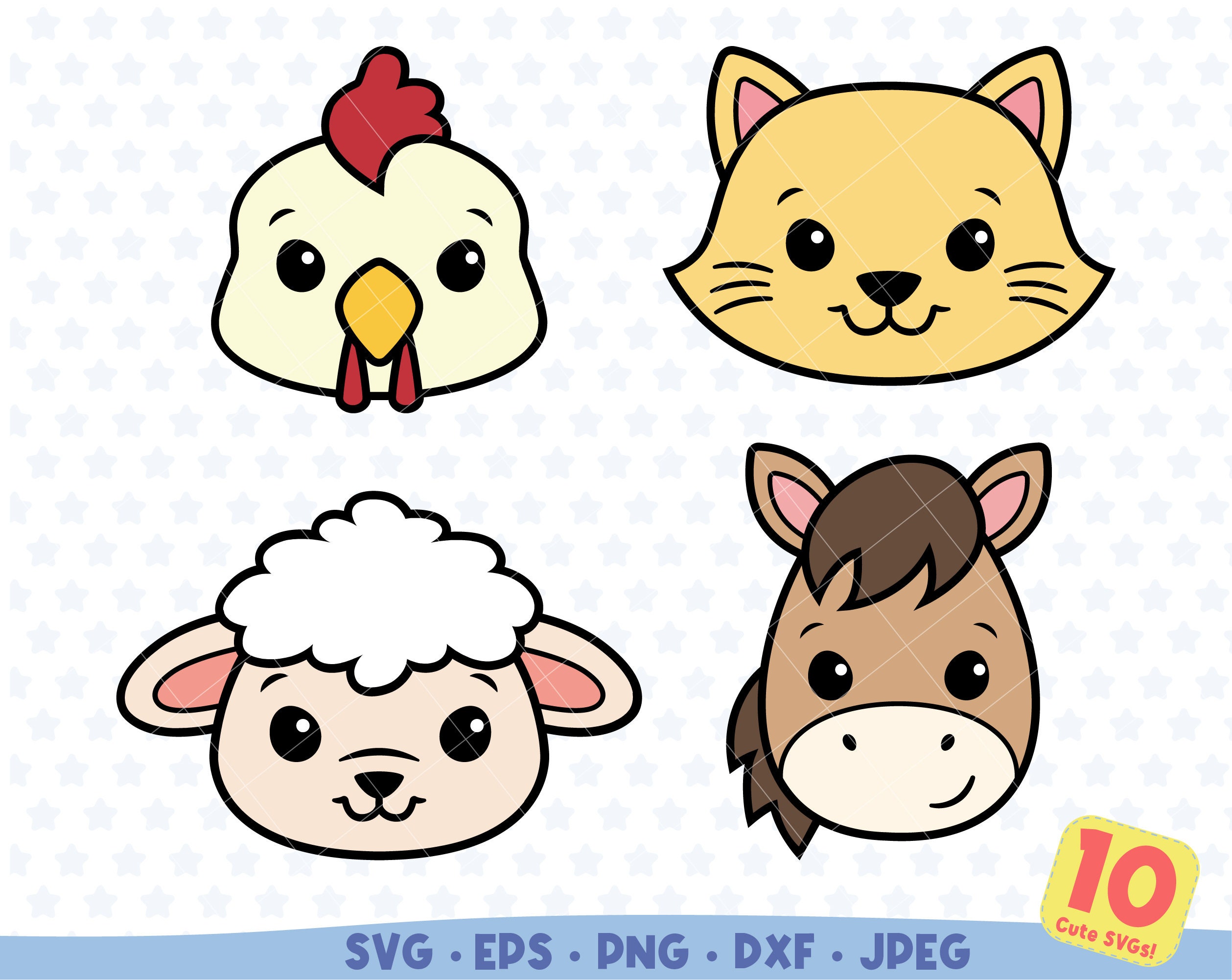 Farm Animal Heads SVG Bundle, Face, Chicken, Turkey, Duck, Goat, Cat ...