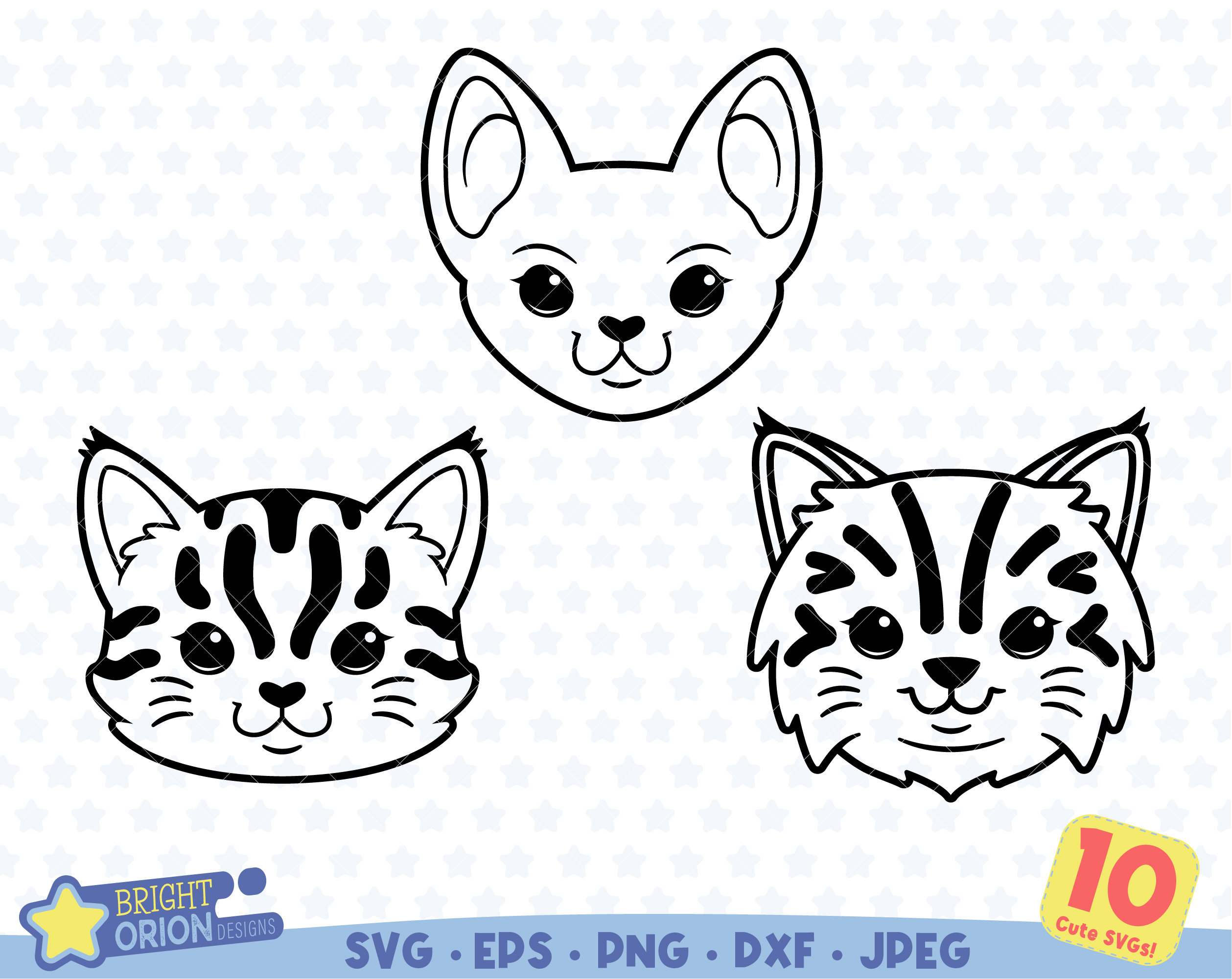 Cute Cat Heads Outline Svg Bundle, Kitten Png, Kawaii Animal Jpeg, Pet ...