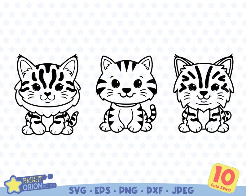 Cute Cat Outline Svg Bundle, Kitten Png, Kawaii Animal Jpeg, Pet Eps ...