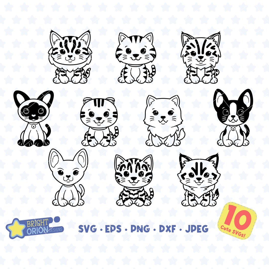 Cute Cat Outline Svg Bundle, Kitten Png, Kawaii Animal Jpeg, Pet Eps ...