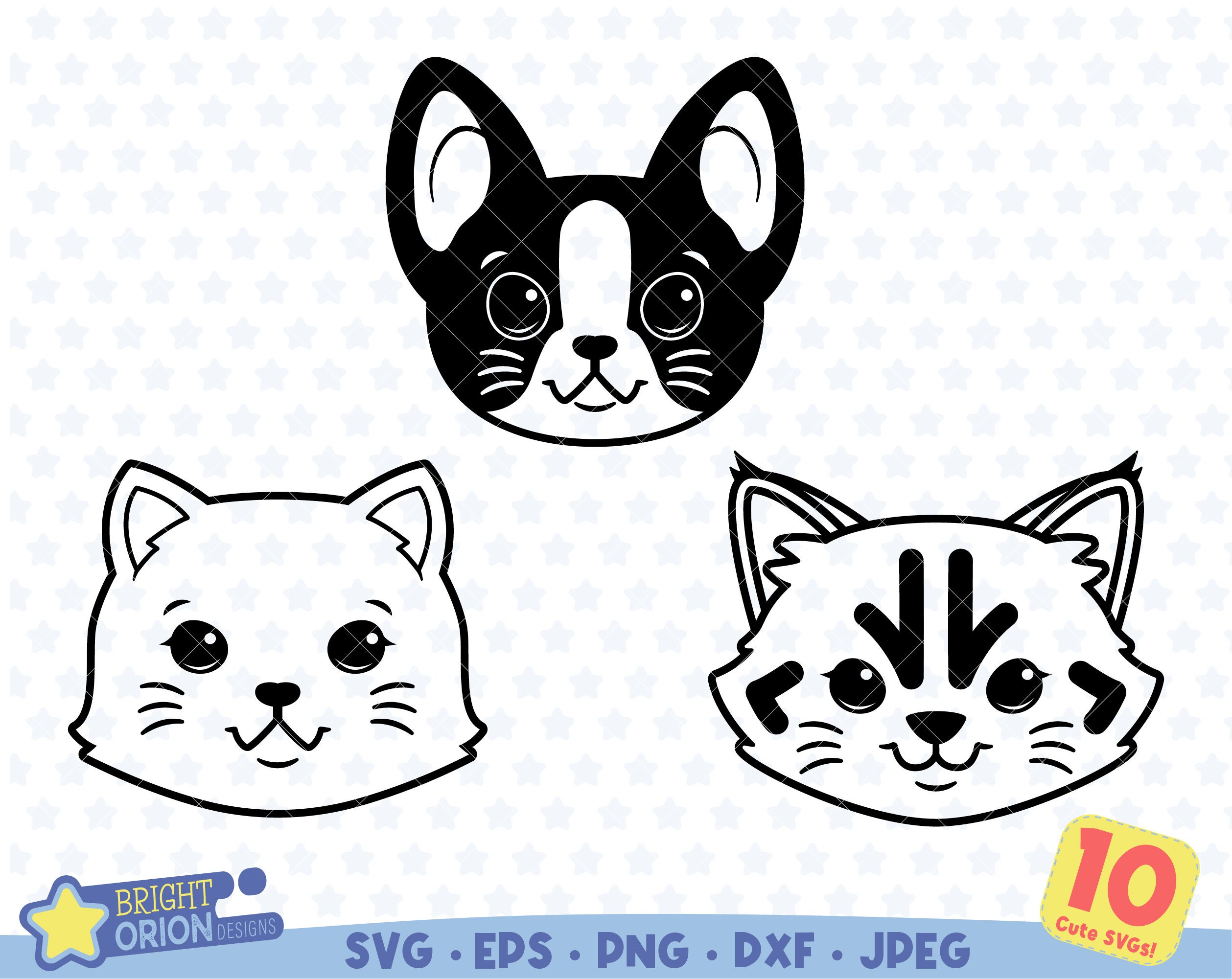 Cute Cat Heads Outline Svg Bundle, Kitten Png, Kawaii Animal Jpeg, Pet ...
