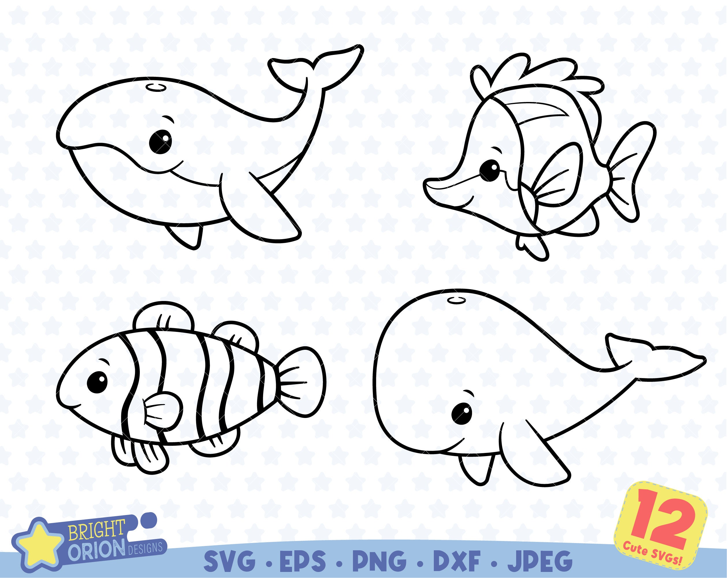 Sea Creatures Outline Svg Bundle, Ocean Animal Png, Whale, Fish ...