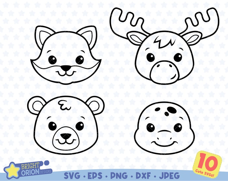 Woodland Animals Faces Outline SVG Bundle, Cute Baby Animals Png, Fox ...