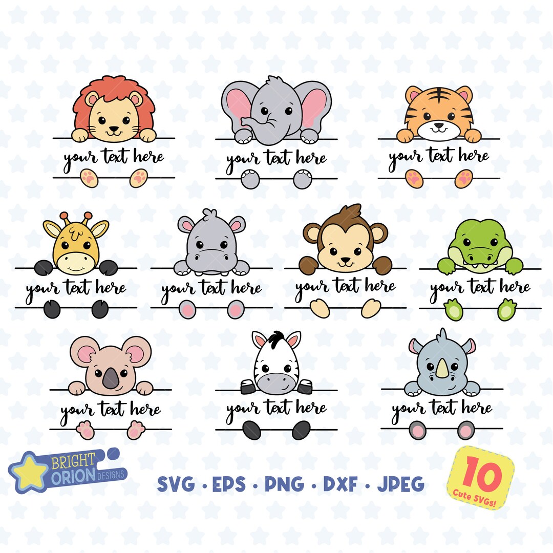 Cute Safari Animals Split Monogram Svg, Rhino, Hippo, Giraffe, Koala ...