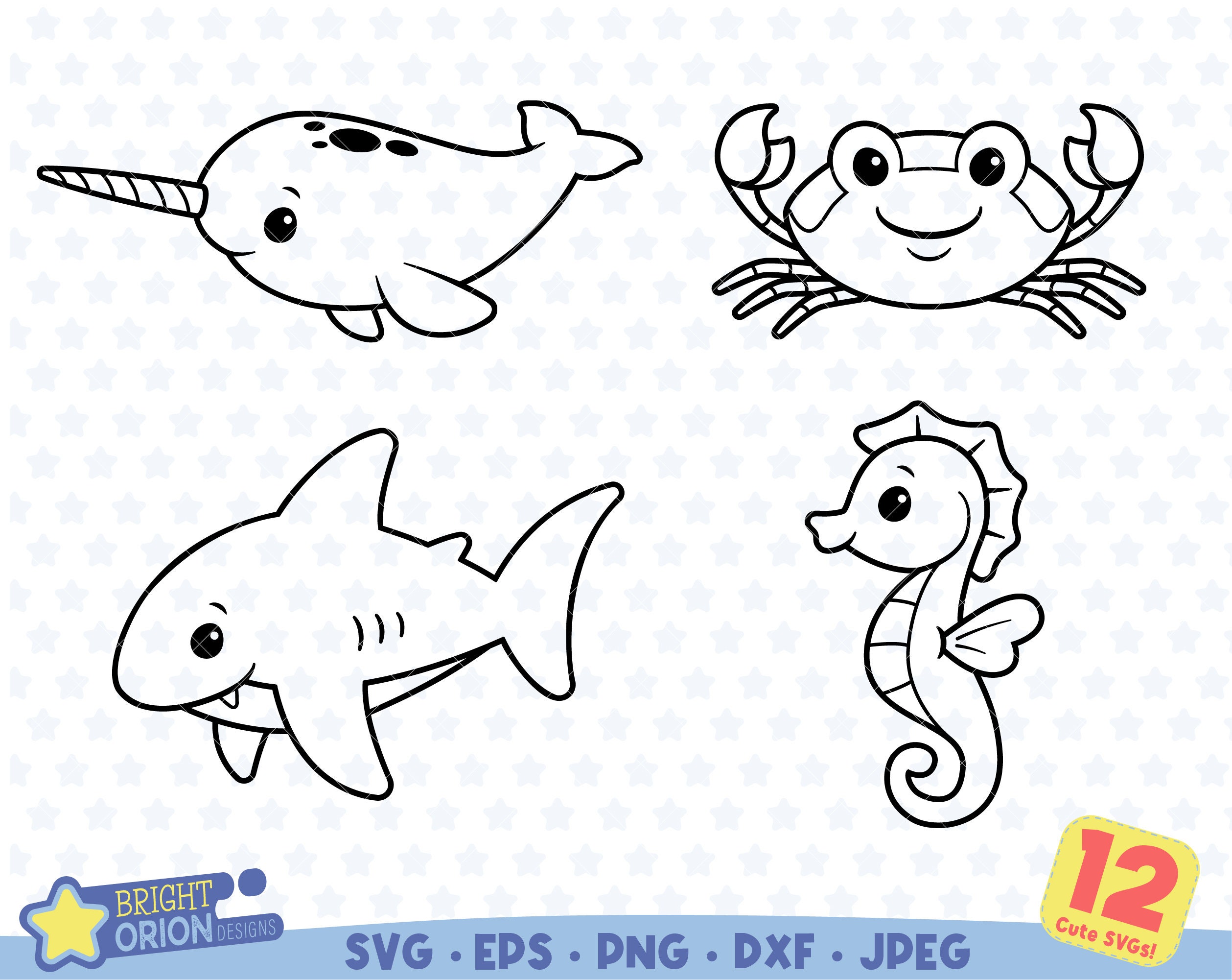 Sea Creatures Outline Svg Bundle, Ocean Animal Png, Whale, Fish ...