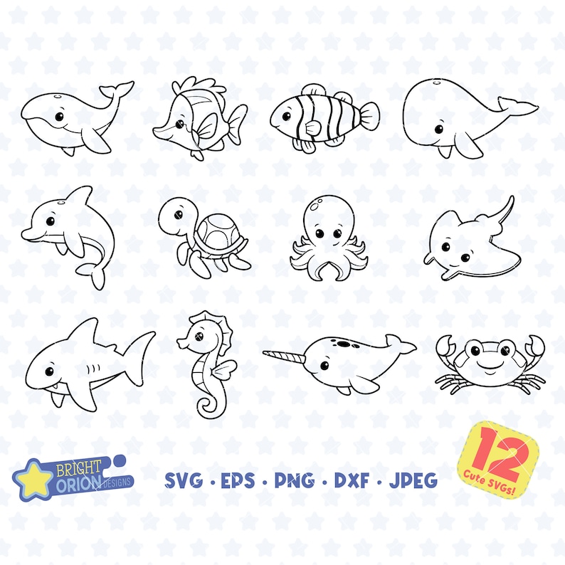 Sea Creatures Outline Svg Bundle, Ocean Animal Png, Whale, Fish ...