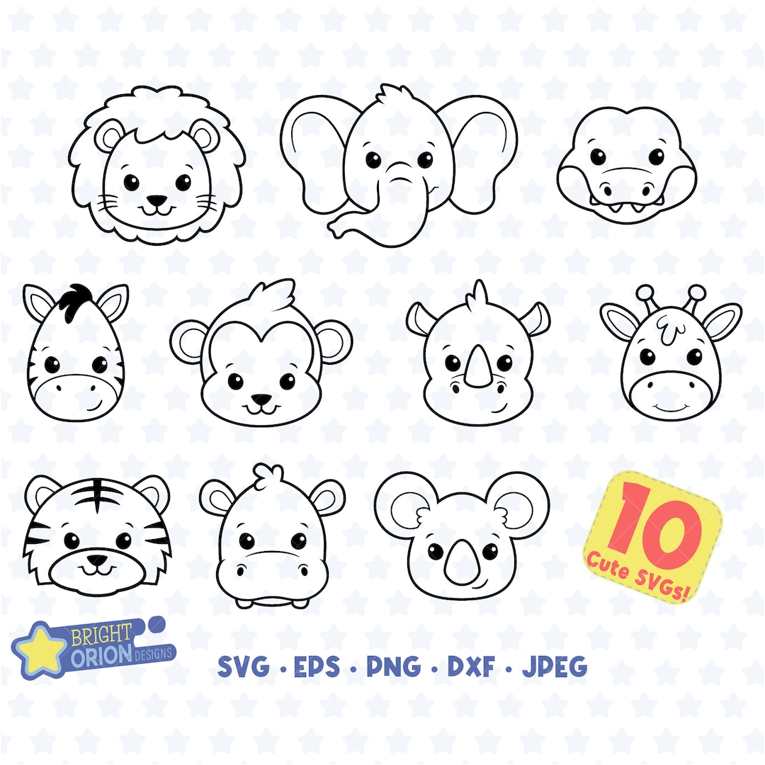 Safari Tiere Gesichter Umriss SVG Bundle, niedliche Tierköpfe svg ...