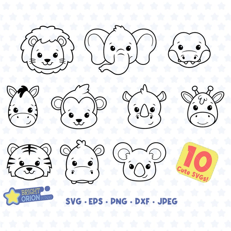 Safari Animals Faces Outline SVG Bundle, Cute Animal Heads Svg, Jungle ...