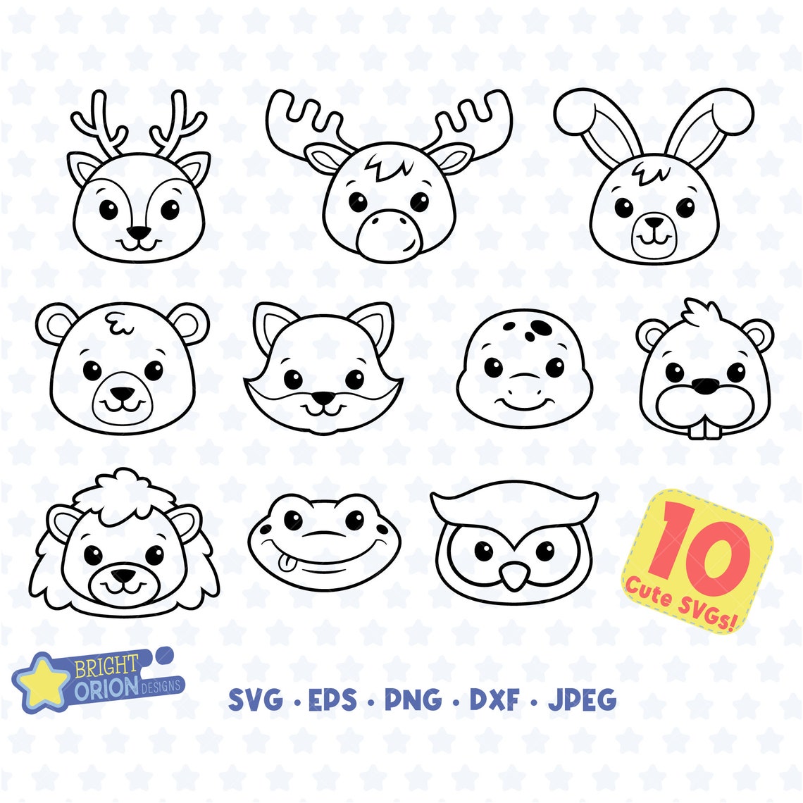 Woodland Animals Faces Outline SVG Bundle, Cute Baby Animals Png, Fox ...