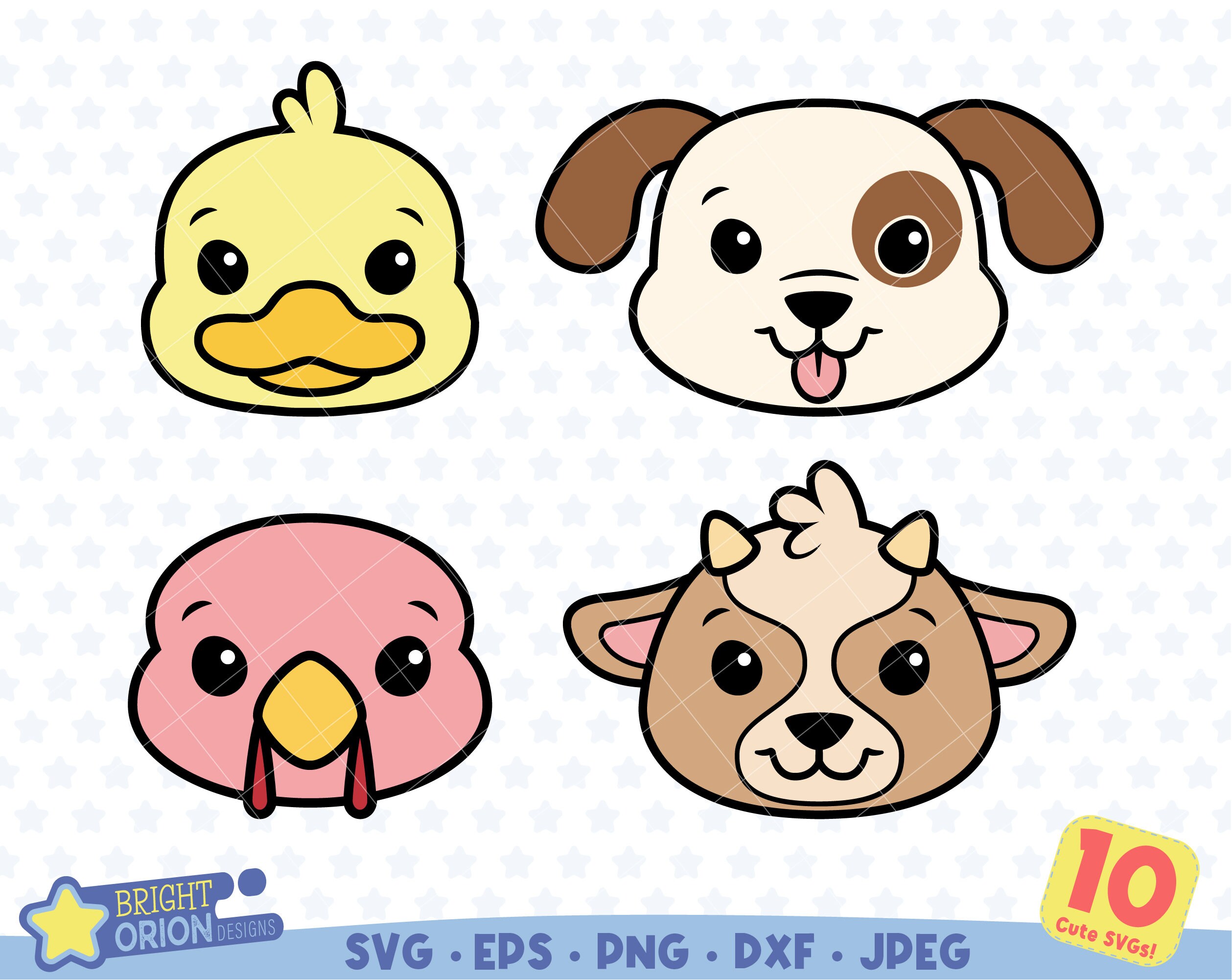 Farm Animal Heads SVG Bundle, Face, Chicken, Turkey, Duck, Goat, Cat ...