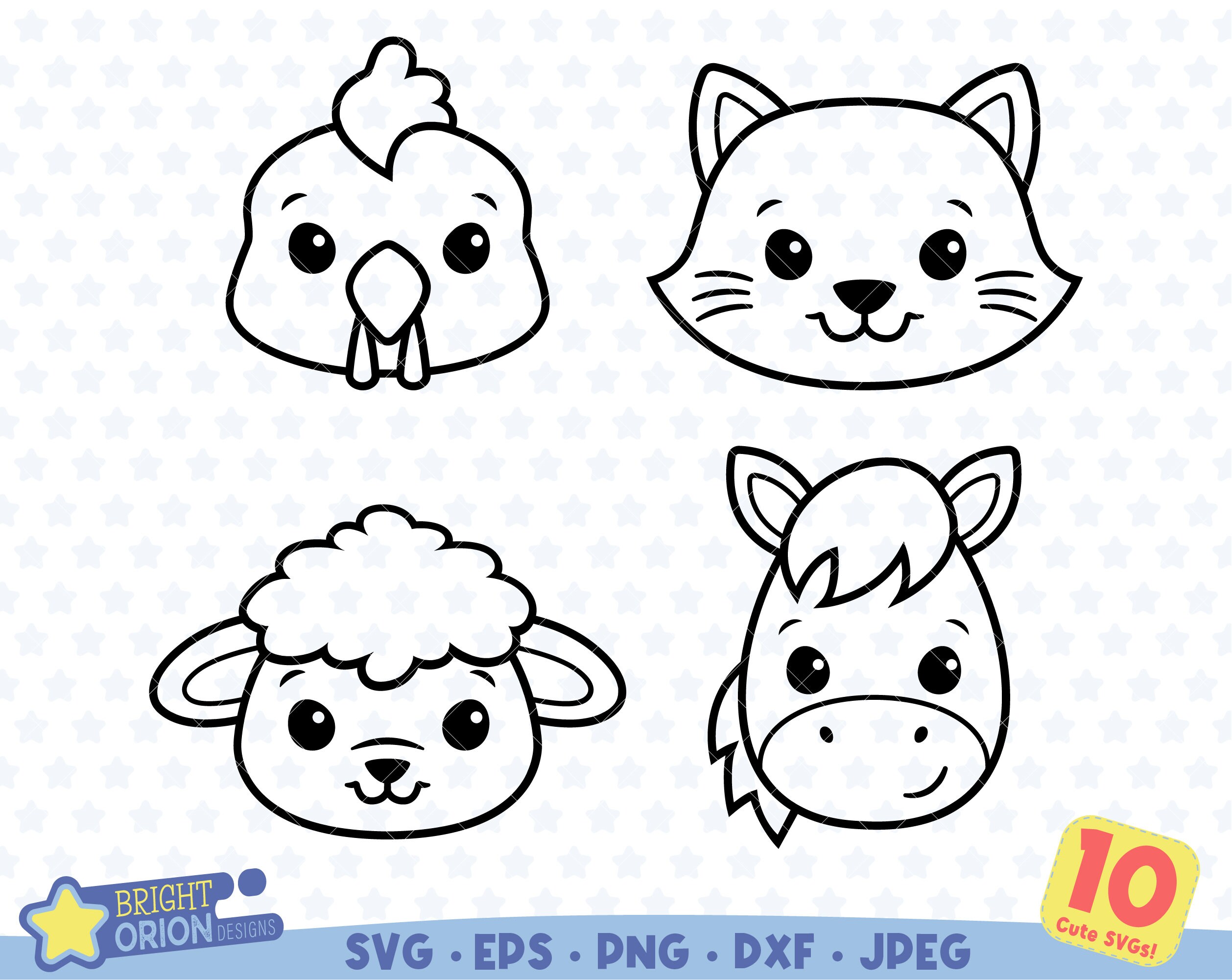 Farm Animal Heads Outline SVG Bundle, Face, Chicken, Turkey, Duck, Goat ...