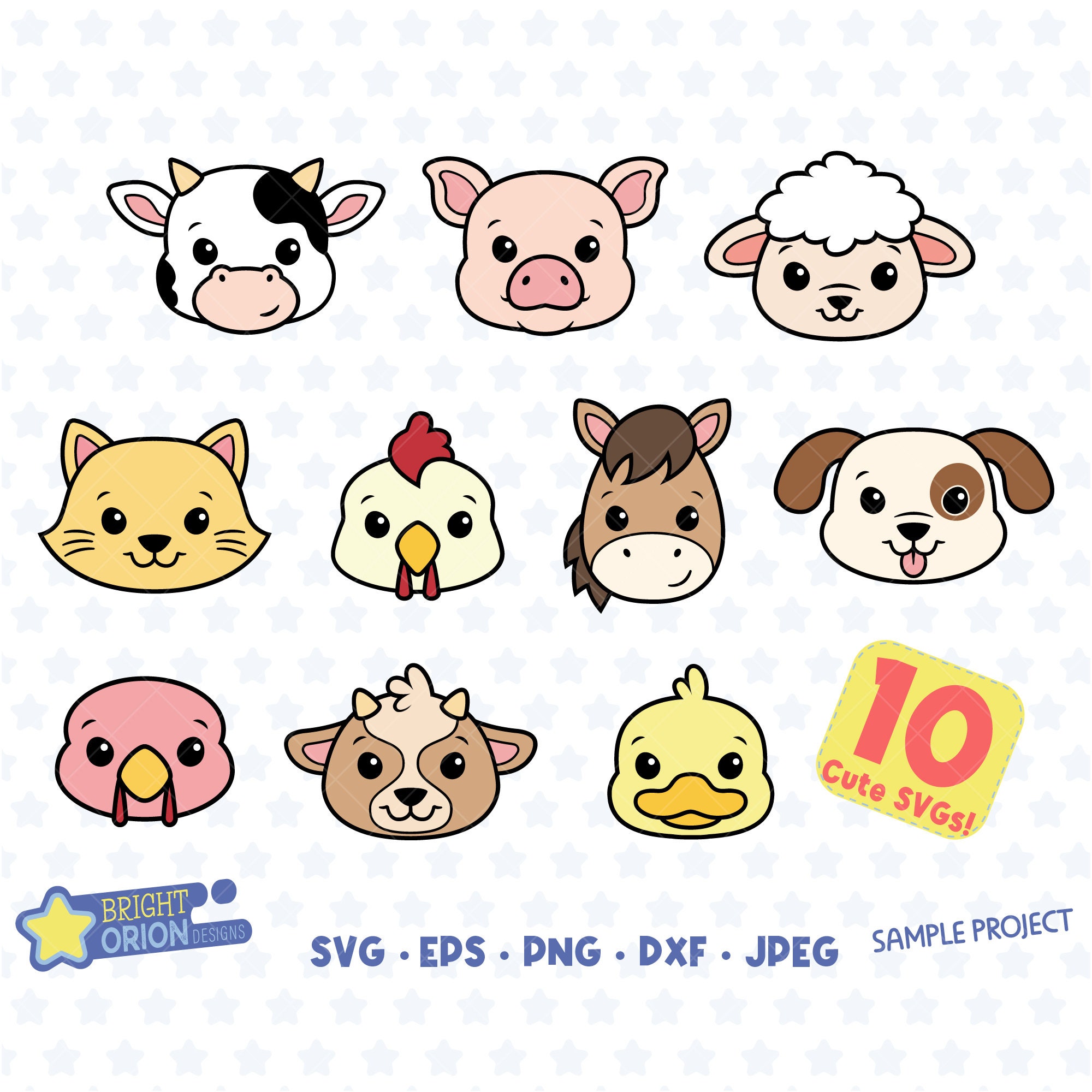 Farm Animal Heads SVG Bundle, Face, Chicken, Turkey, Duck, Goat, Cat ...