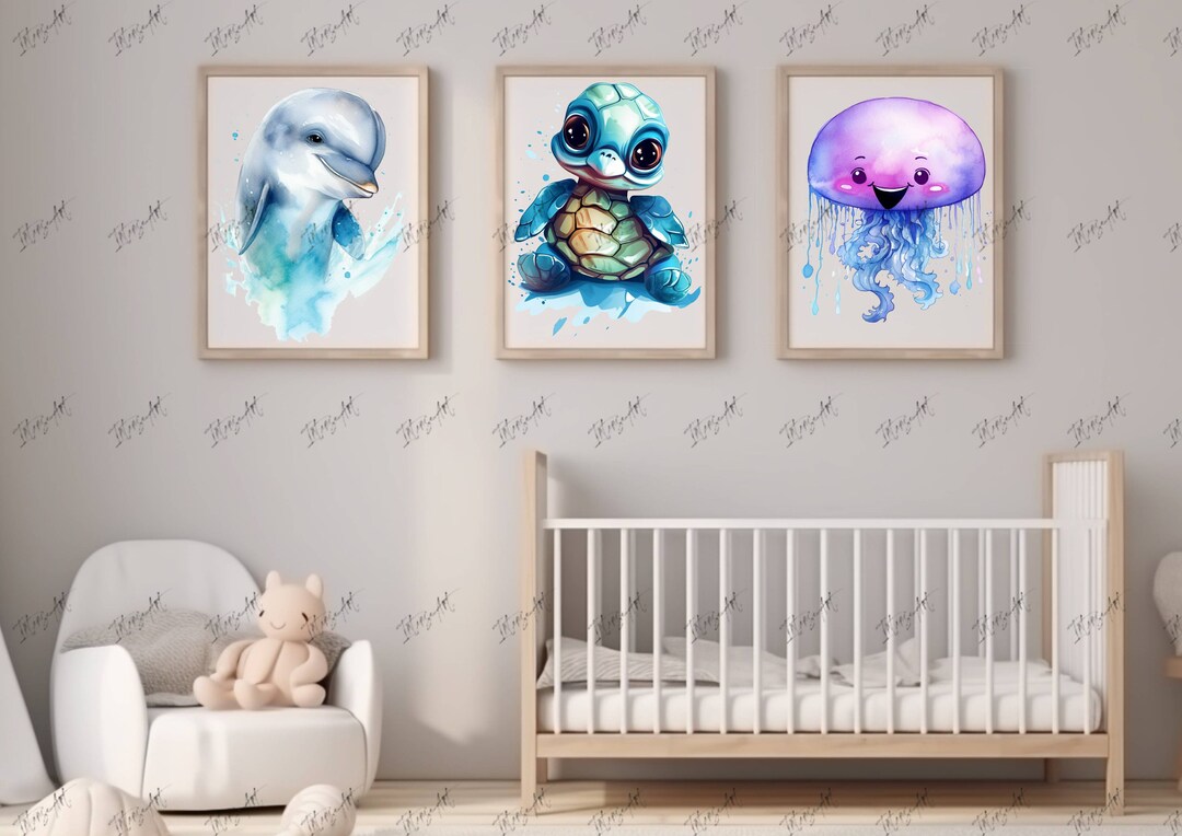 Sea Animal Themed Childrens Room Decor - Set of Three Pictures ...