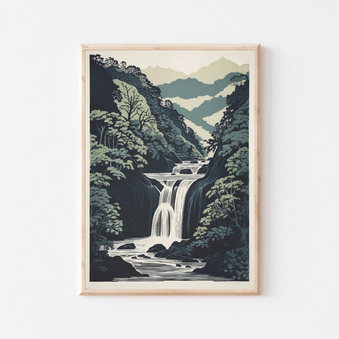 Japanese Woodblock Printing WATERFALL Print Wall Art Poster | Tranquil ...