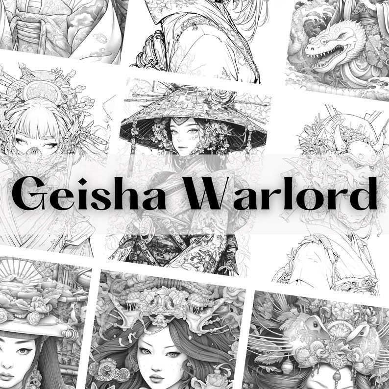 Grayscale Coloring Pages Bundle Geisha Elf Printable Japanese Kimono ...