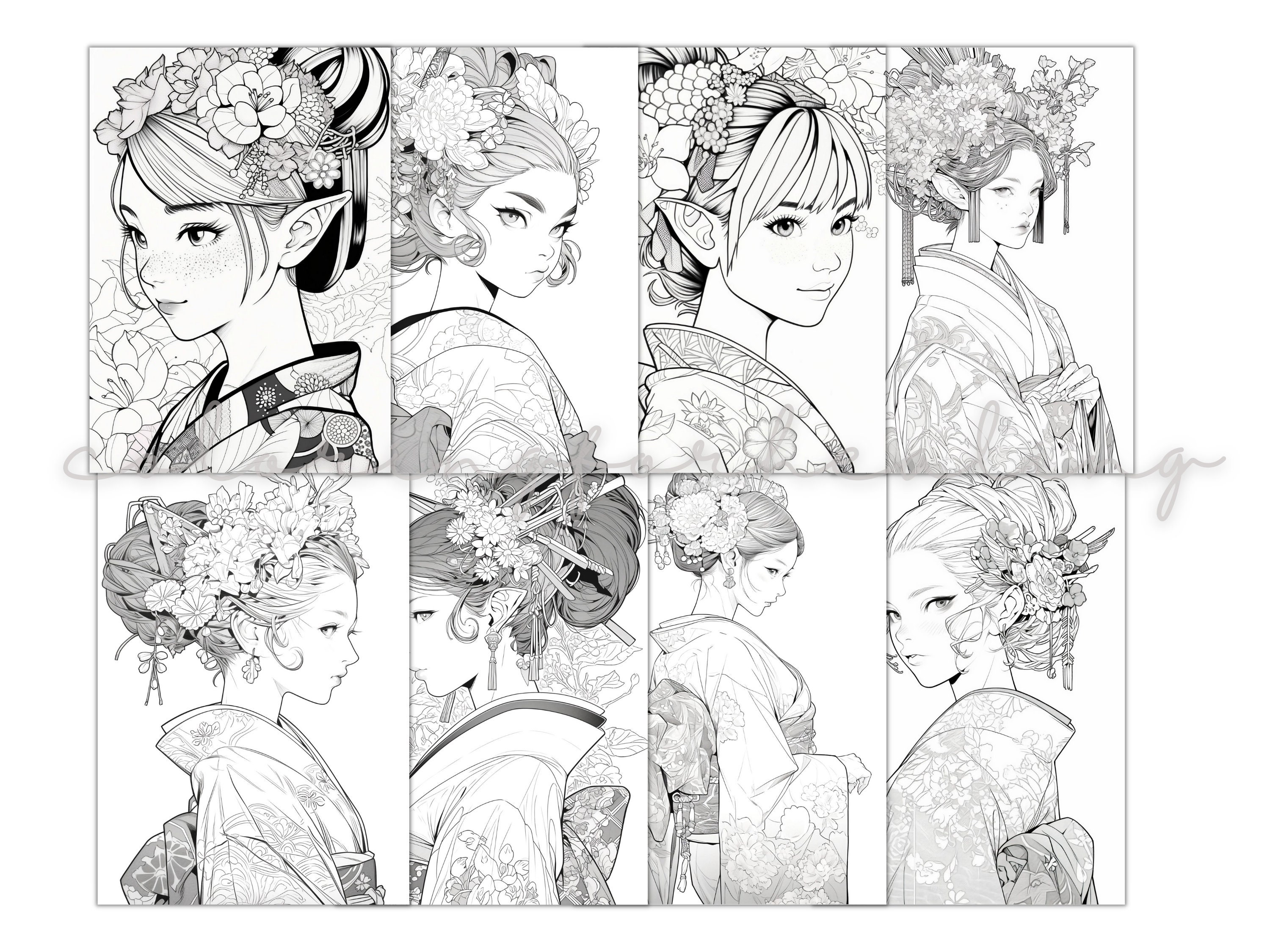 Grayscale Coloring Pages Geisha Elf Printable Japanese Kimono Coloring ...