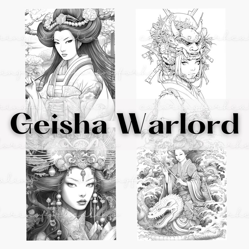 Asian Art Coloring Pages Japanese Geisha Warlord Printable Grayscale ...