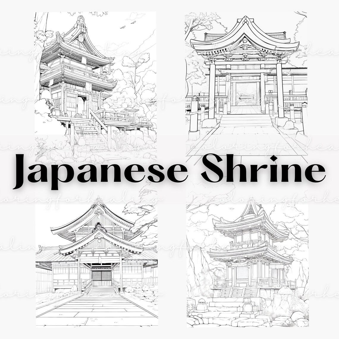 Grayscale Coloring Pages Japanese Shrine Temple Printable Mindfulness ...