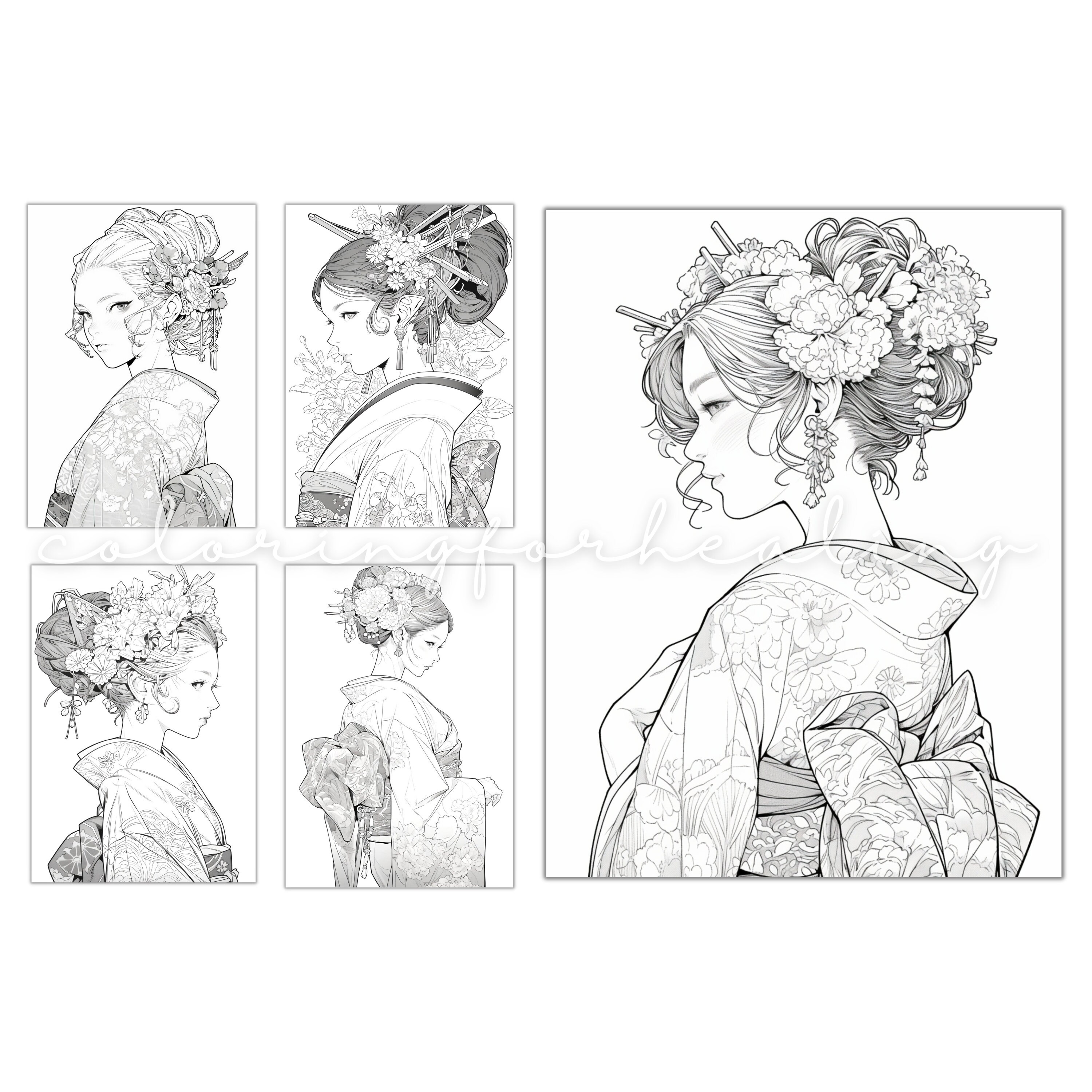 Grayscale Coloring Pages Geisha Elf Printable Japanese Kimono Coloring ...