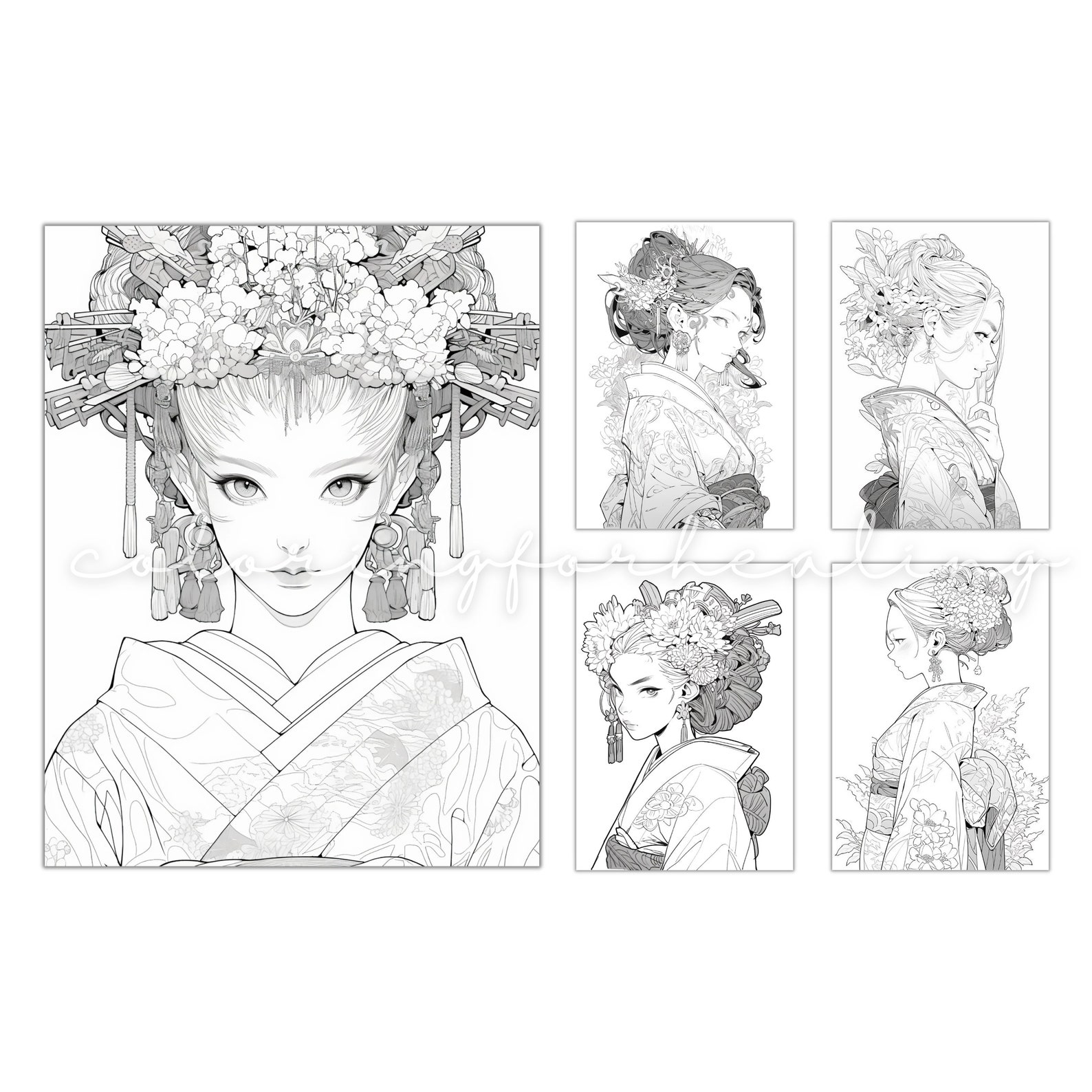 Grayscale Coloring Pages Geisha Elf Printable Japanese Kimono Coloring ...