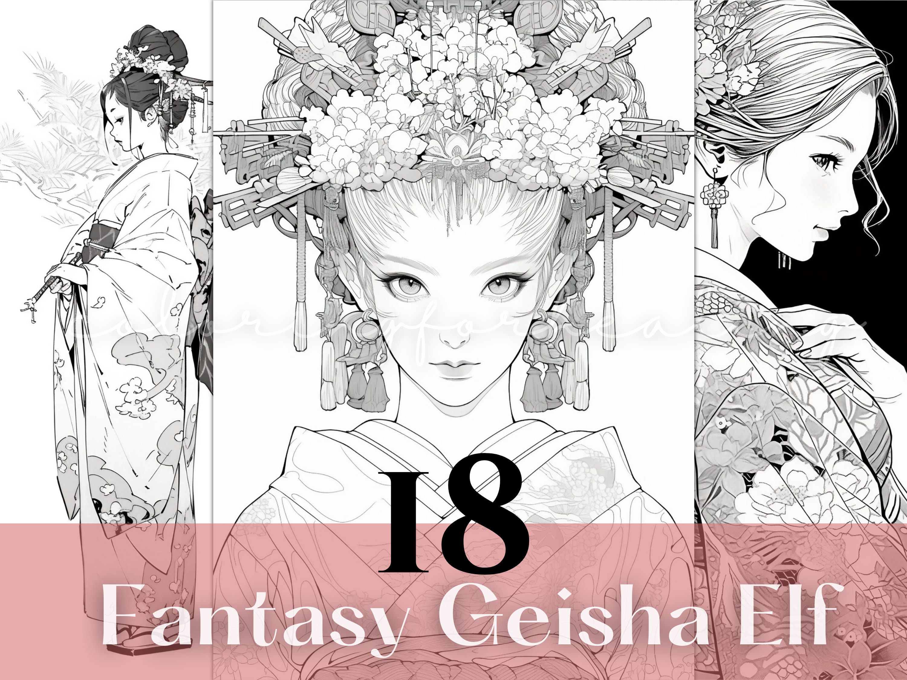 Grayscale Coloring Pages Geisha Elf Printable Japanese Kimono Coloring ...