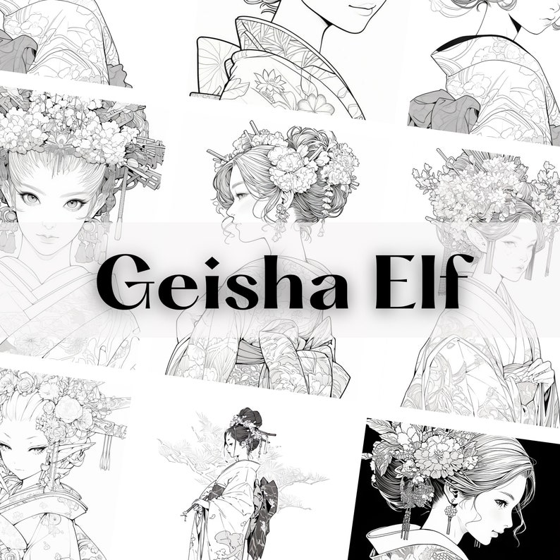 Grayscale Coloring Pages Bundle Geisha Elf Printable Japanese Kimono ...