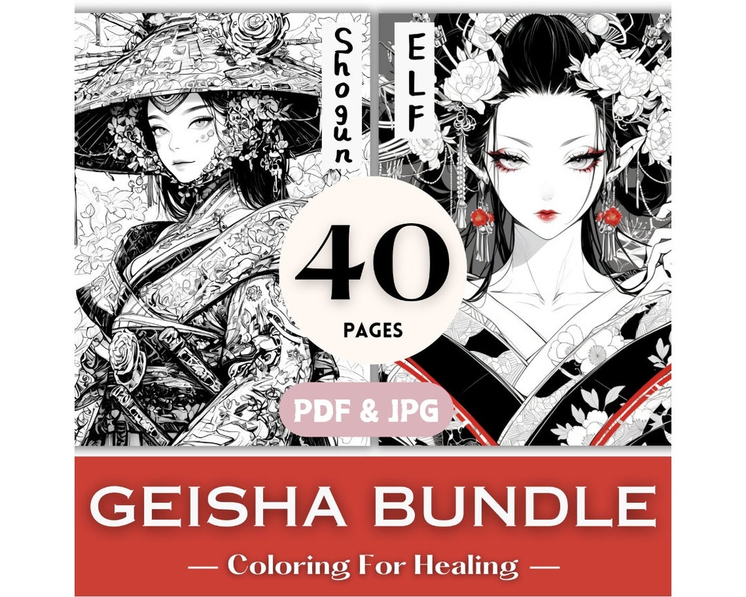Grayscale Coloring Pages Bundle Geisha Elf Printable Japanese Kimono ...
