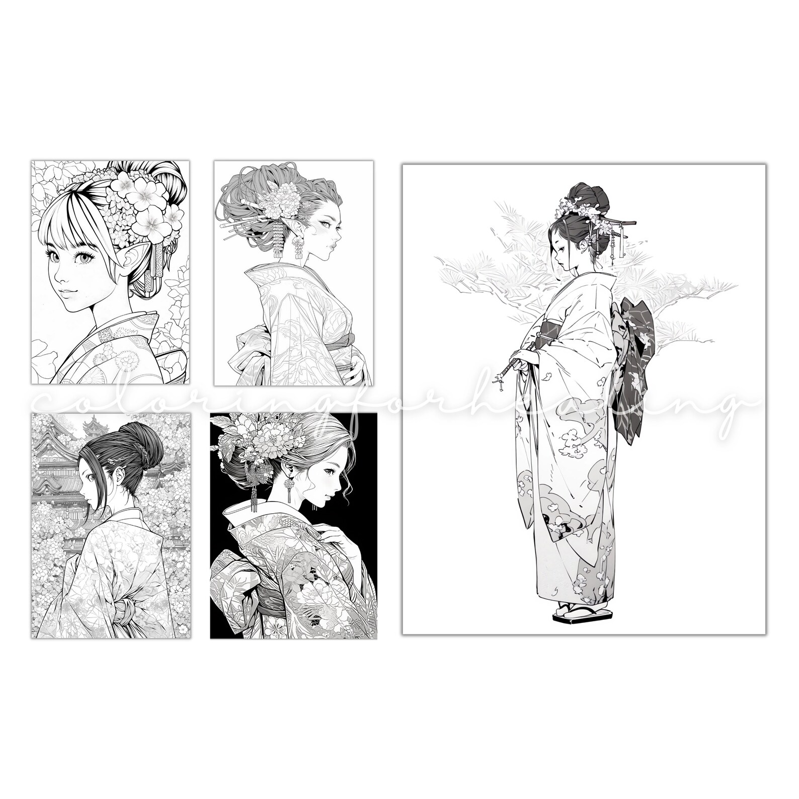 Grayscale Coloring Pages Geisha Elf Printable Japanese Kimono Coloring ...