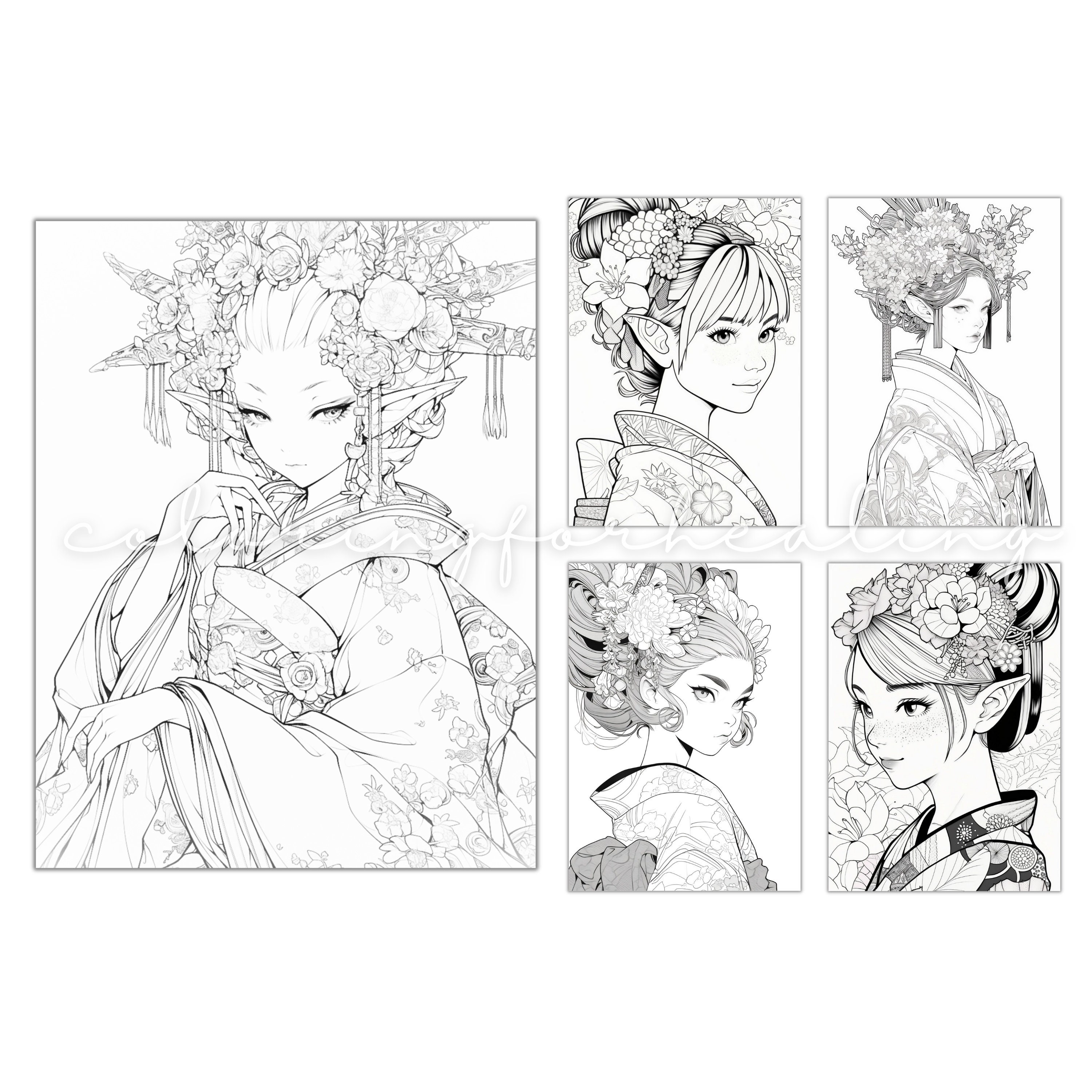 Grayscale Coloring Pages Geisha Elf Printable Japanese Kimono Coloring ...