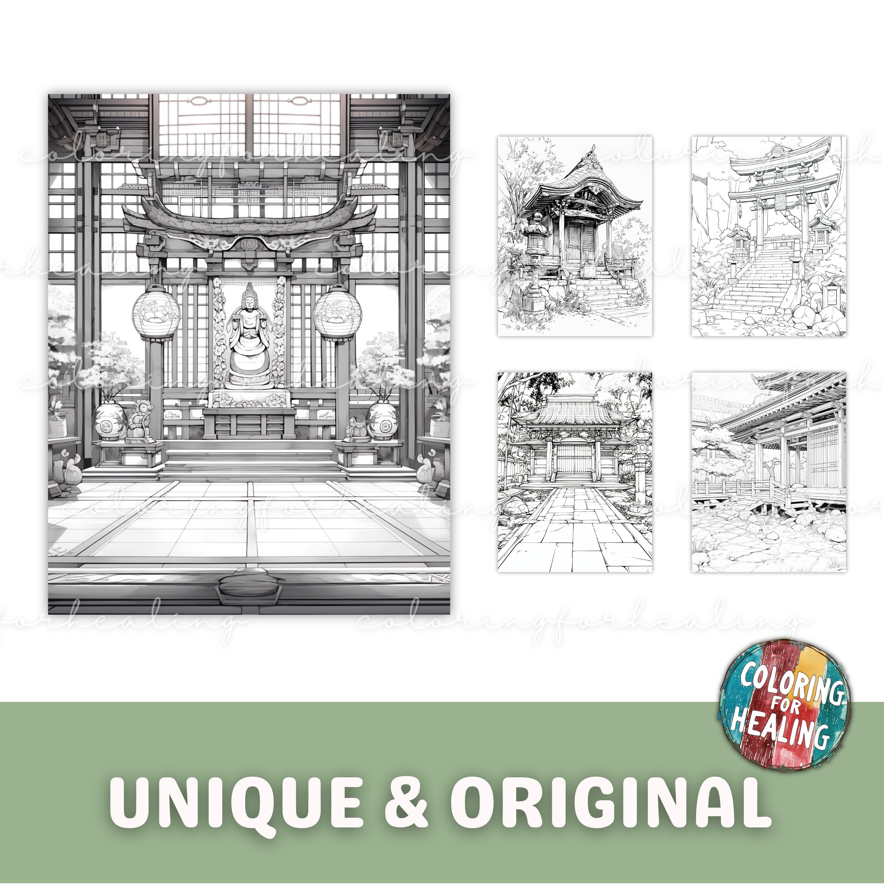 Grayscale Coloring Pages Japanese Shrine Temple Printable Mindfulness ...